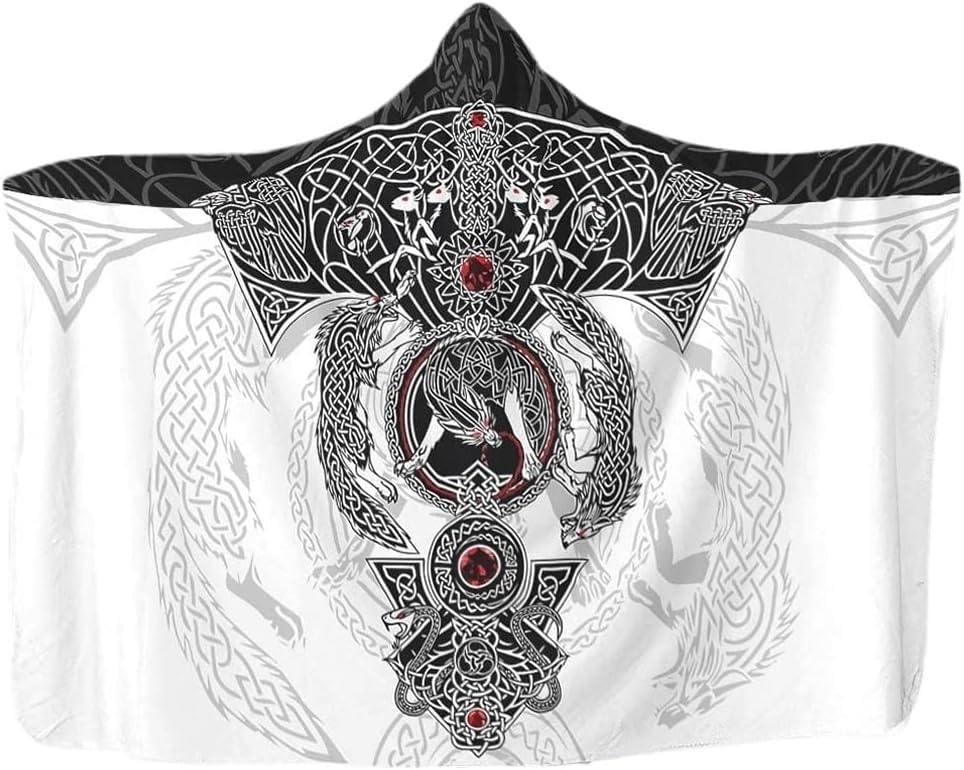 Viking 3D Printed Hooded Blanket Keep Warm And Soft Fenrir Wolf Viking Dragon Unisex Winter Wearable Hooded Blanket Double Thick Plush Wool Blanket Cape ( Color : Blanket , Size : 50x60in/130x150cm )