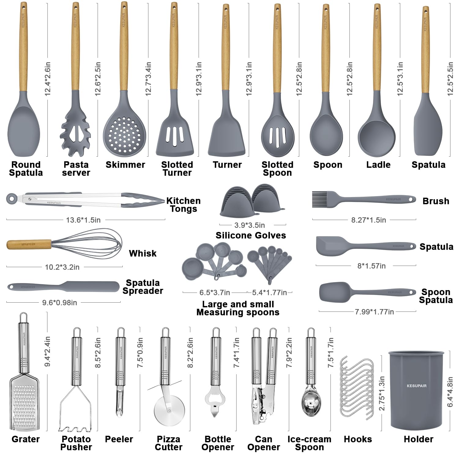 KESUPAIR Silicone Kitchen Utensils Set, 46 pcs Cooking Utensils Set-Silicone Spatula Set- Kitchen Gadgets and Tools with Holder-Wooden Handle Silicone Kitchen Utensil with Tongs,Grater (Drk Grey)