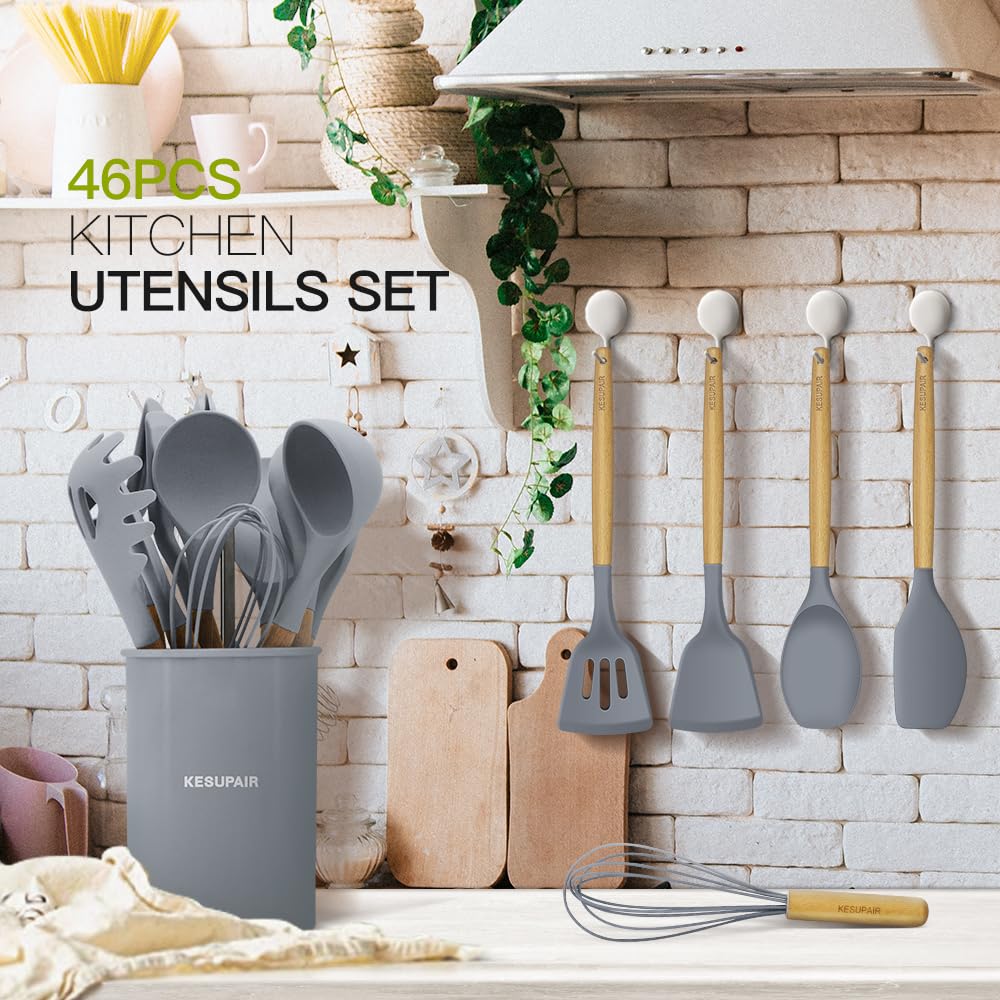 KESUPAIR Silicone Kitchen Utensils Set, 46 pcs Cooking Utensils Set-Silicone Spatula Set- Kitchen Gadgets and Tools with Holder-Wooden Handle Silicone Kitchen Utensil with Tongs,Grater (Drk Grey)