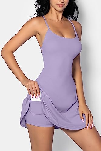QINSEN Womens Sexy Tennis Dress with Shorts Workout Open Back Active Golf Dresses Light Purple XS