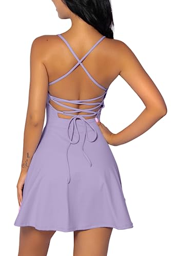 QINSEN Womens Sexy Tennis Dress with Shorts Workout Open Back Active Golf Dresses Light Purple XS