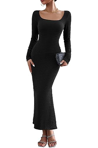 PRETTYGARDEN Women's 2024 Fall Maxi Bodycon Dress Long Sleeve Square Neck Long Fitted Mermaid Dresses (Black,X-Large)