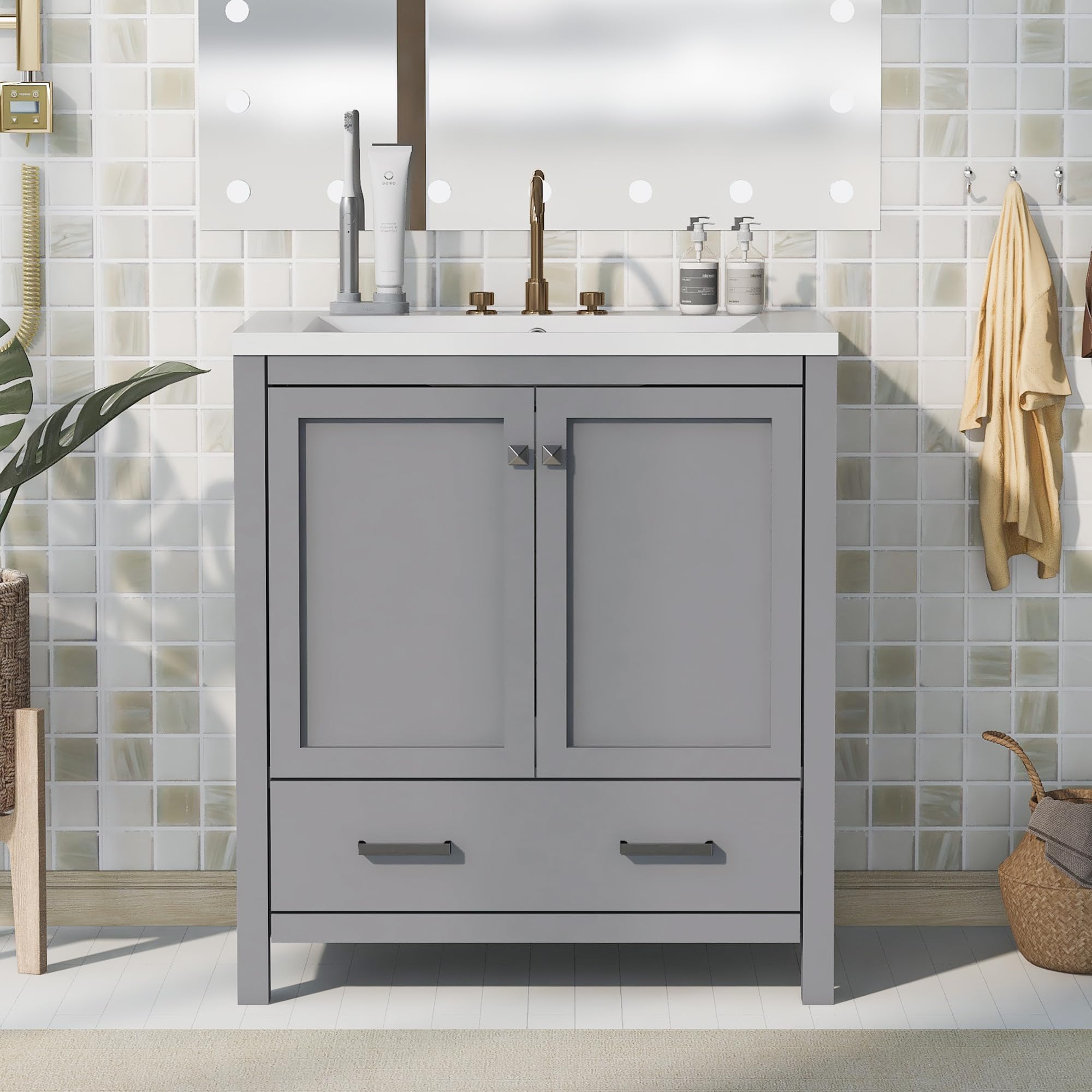 Aiuyesuo Multifunctional Storage 30" Grey Bathroom Vanity with Single Sink, Combo Cabinet Undermount Sink, Solid Wood Bathroom Cabinet Frame with 2 Doors and A Drawer, Soft Closing