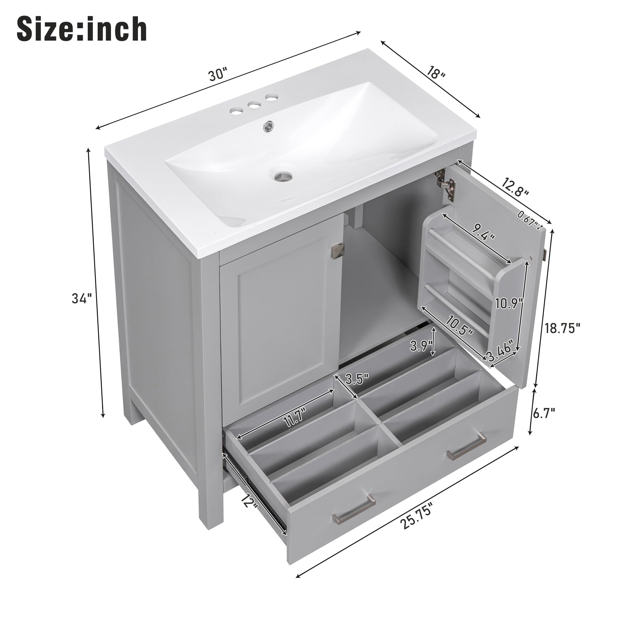Aiuyesuo Multifunctional Storage 30" Grey Bathroom Vanity with Single Sink, Combo Cabinet Undermount Sink, Solid Wood Bathroom Cabinet Frame with 2 Doors and A Drawer, Soft Closing