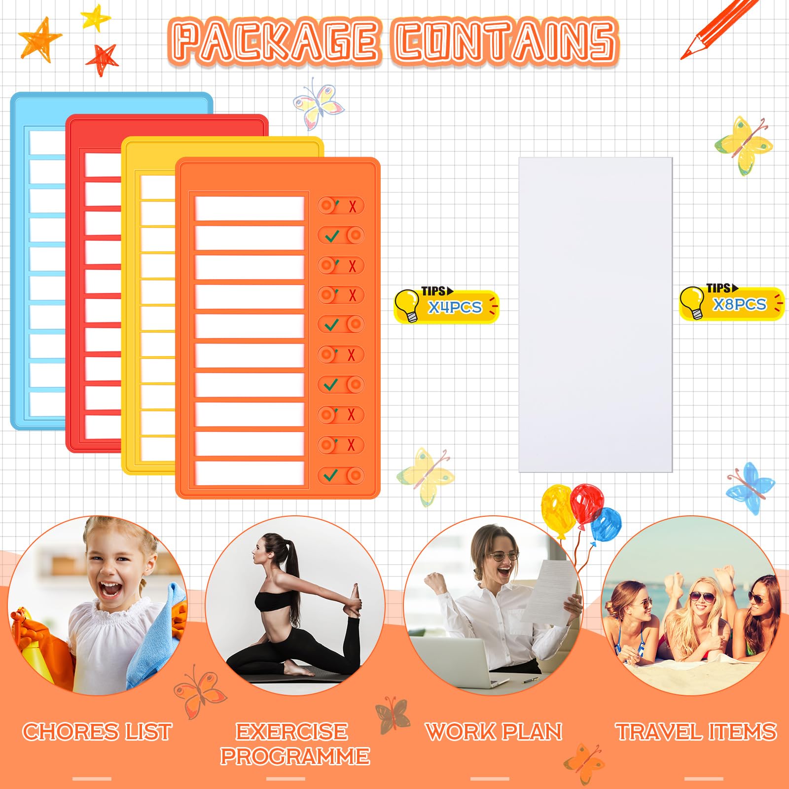 Queekay 4 Pcs Blank Chore Chart Kids Chore Chart, Plastic Checklist Board with 8 Detachable Cardstock to Do List for Home Routine Planning (Red, Orange, Blue, Yellow)