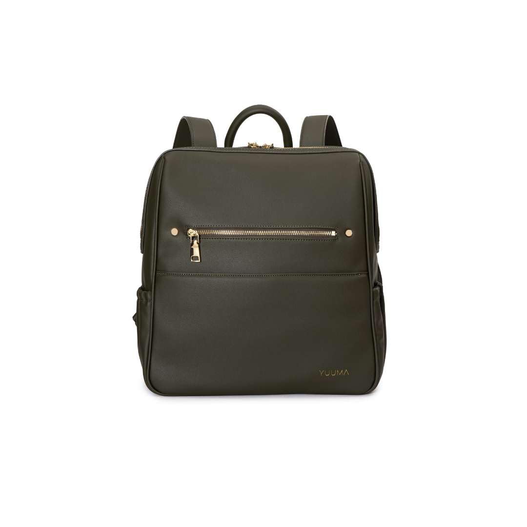 YUUMA Collection Original Diaper Backpack - Vegan Leather Diaper Bag - Gold Zipper - Multiple Pockets - Easy Clean Nylon Interior - Many Colors - Modern Diaper Bag (Olive)