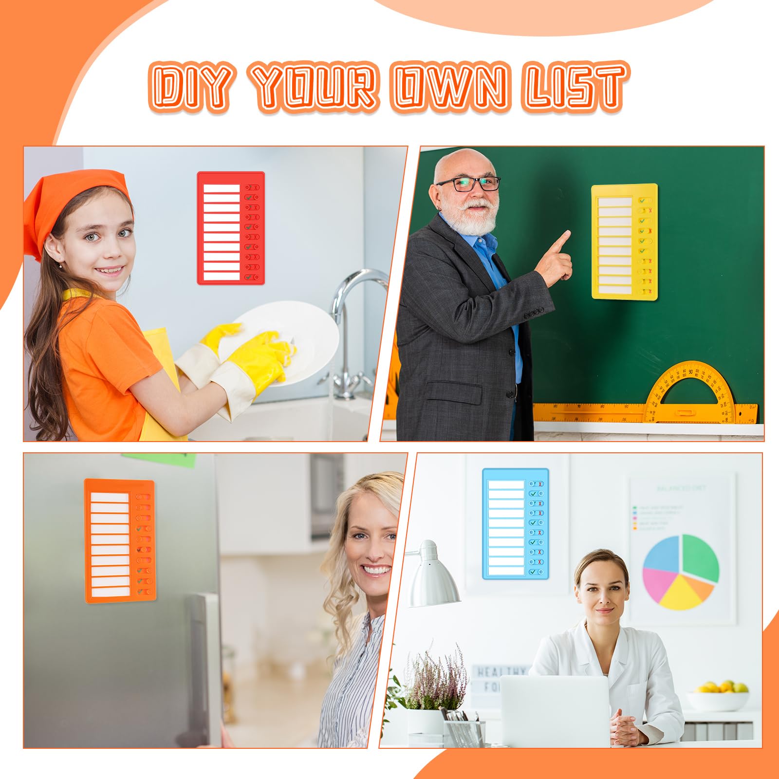 Queekay 4 Pcs Blank Chore Chart Kids Chore Chart, Plastic Checklist Board with 8 Detachable Cardstock to Do List for Home Routine Planning (Red, Orange, Blue, Yellow)