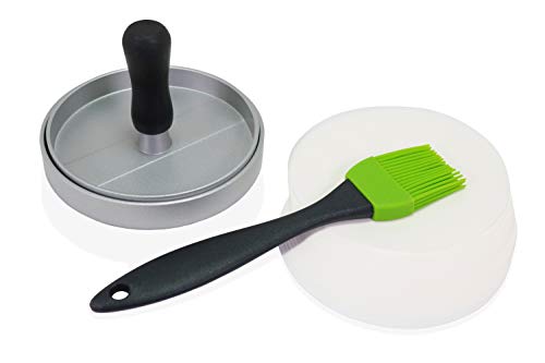 J-Line Design Deluxe Cast Aluminum Hamburger Patty Press Burger Maker with Plastic Handle Complete with Sauce Basting Brush and 100 Non-Stick Wax Paper Sheets