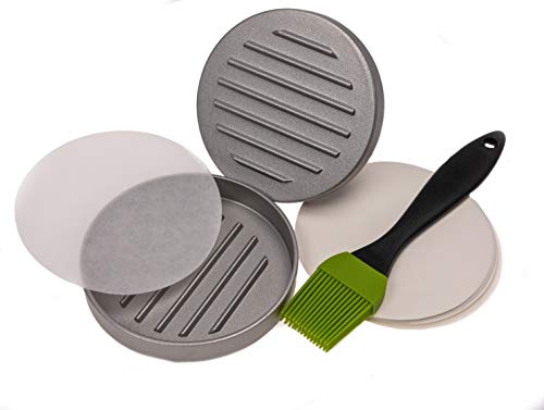J-Line Design Deluxe Cast Aluminum Hamburger Patty Press Burger Maker with Plastic Handle Complete with Sauce Basting Brush and 100 Non-Stick Wax Paper Sheets