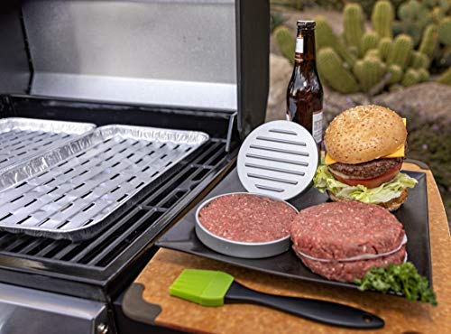 J-Line Design Deluxe Cast Aluminum Hamburger Patty Press Burger Maker with Plastic Handle Complete with Sauce Basting Brush and 100 Non-Stick Wax Paper Sheets