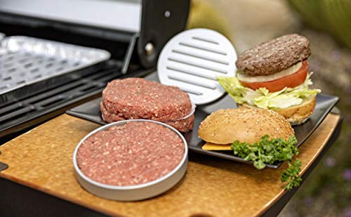 J-Line Design Deluxe Cast Aluminum Hamburger Patty Press Burger Maker with Plastic Handle Complete with Sauce Basting Brush and 100 Non-Stick Wax Paper Sheets