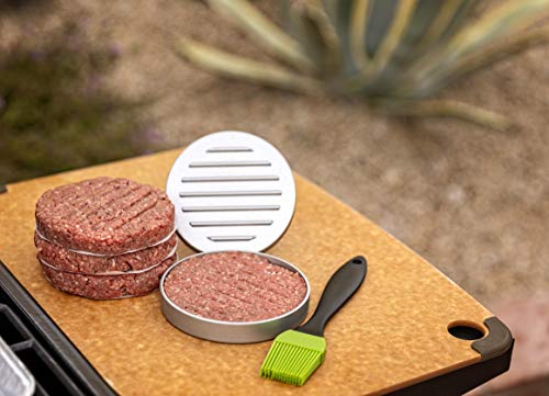 J-Line Design Deluxe Cast Aluminum Hamburger Patty Press Burger Maker with Plastic Handle Complete with Sauce Basting Brush and 100 Non-Stick Wax Paper Sheets