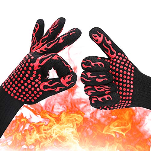 Tanmar BBQ Grill Gloves, 1472°F Extreme Heat Resistant Grilling Gloves Non-Slip Oven Mitts Potholder, Perfect for Barbecue, Cooking, Baking, Fireplace, Smoker - 1 Pair （Red）
