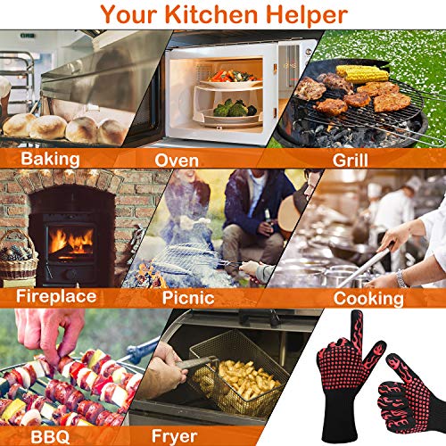 Tanmar BBQ Grill Gloves, 1472°F Extreme Heat Resistant Grilling Gloves Non-Slip Oven Mitts Potholder, Perfect for Barbecue, Cooking, Baking, Fireplace, Smoker - 1 Pair (Red)