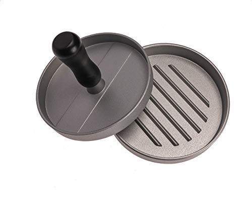 J-Line Design Deluxe Cast Aluminum Hamburger Patty Press Burger Maker with Plastic Handle Complete with Sauce Basting Brush and 100 Non-Stick Wax Paper Sheets