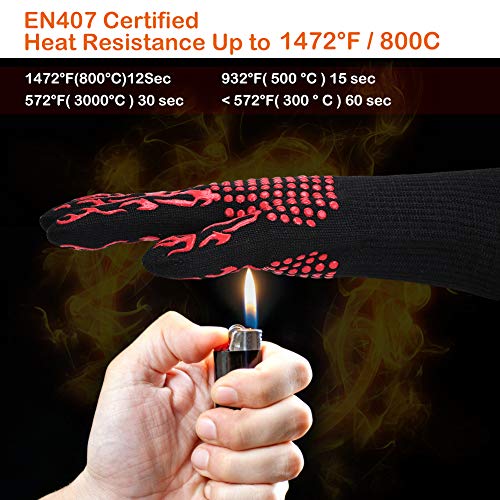 Tanmar BBQ Grill Gloves, 1472°F Extreme Heat Resistant Grilling Gloves Non-Slip Oven Mitts Potholder, Perfect for Barbecue, Cooking, Baking, Fireplace, Smoker - 1 Pair (Red)