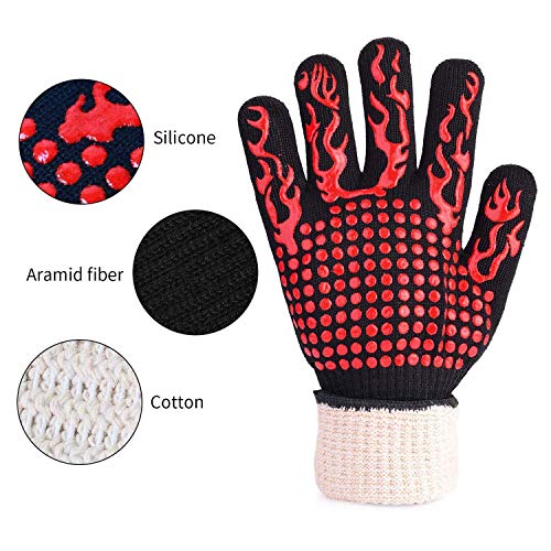 Tanmar BBQ Grill Gloves, 1472°F Extreme Heat Resistant Grilling Gloves Non-Slip Oven Mitts Potholder, Perfect for Barbecue, Cooking, Baking, Fireplace, Smoker - 1 Pair (Red)