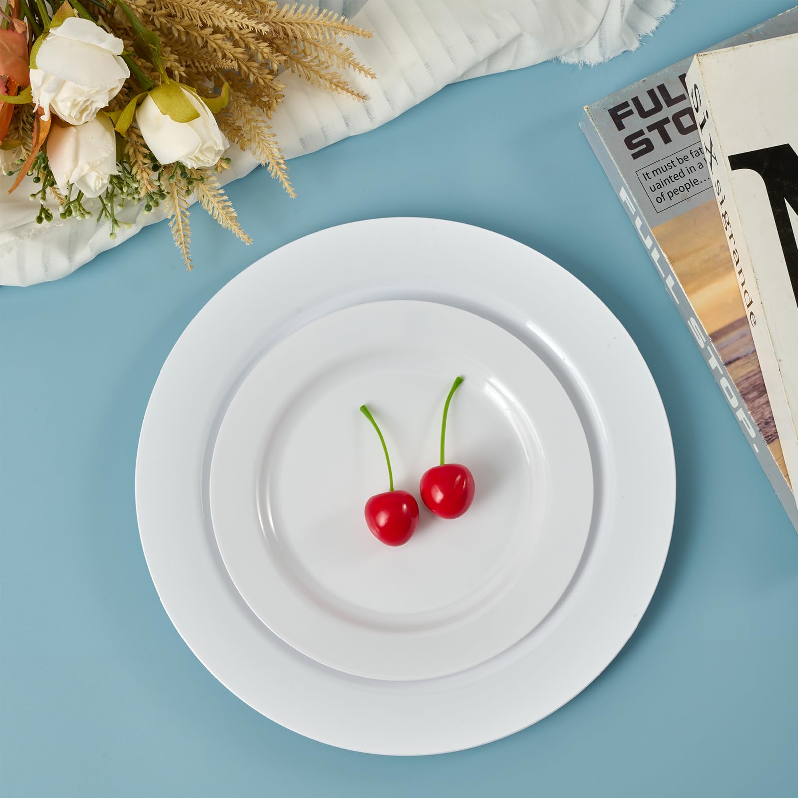 FOCUSLINE 100 Count White Plastic Plates 7 Inch, Disposable Heavy Duty Plastic Dessert Plates- Premium Hard Plastic Plates Fancy Disposable White Plates for Weddings, Parties and Events
