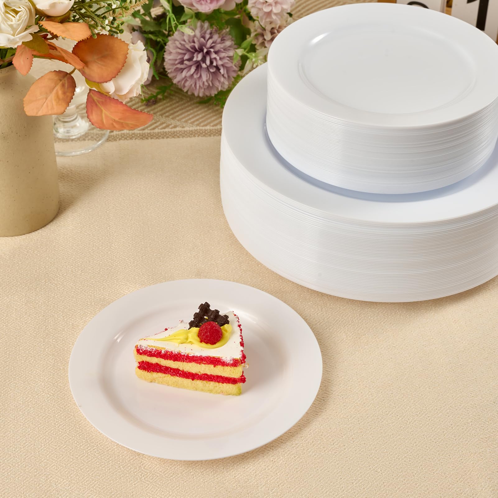 FOCUSLINE 100 Count White Plastic Plates 7 Inch, Disposable Heavy Duty Plastic Dessert Plates- Premium Hard Plastic Plates Fancy Disposable White Plates for Weddings, Parties and Events