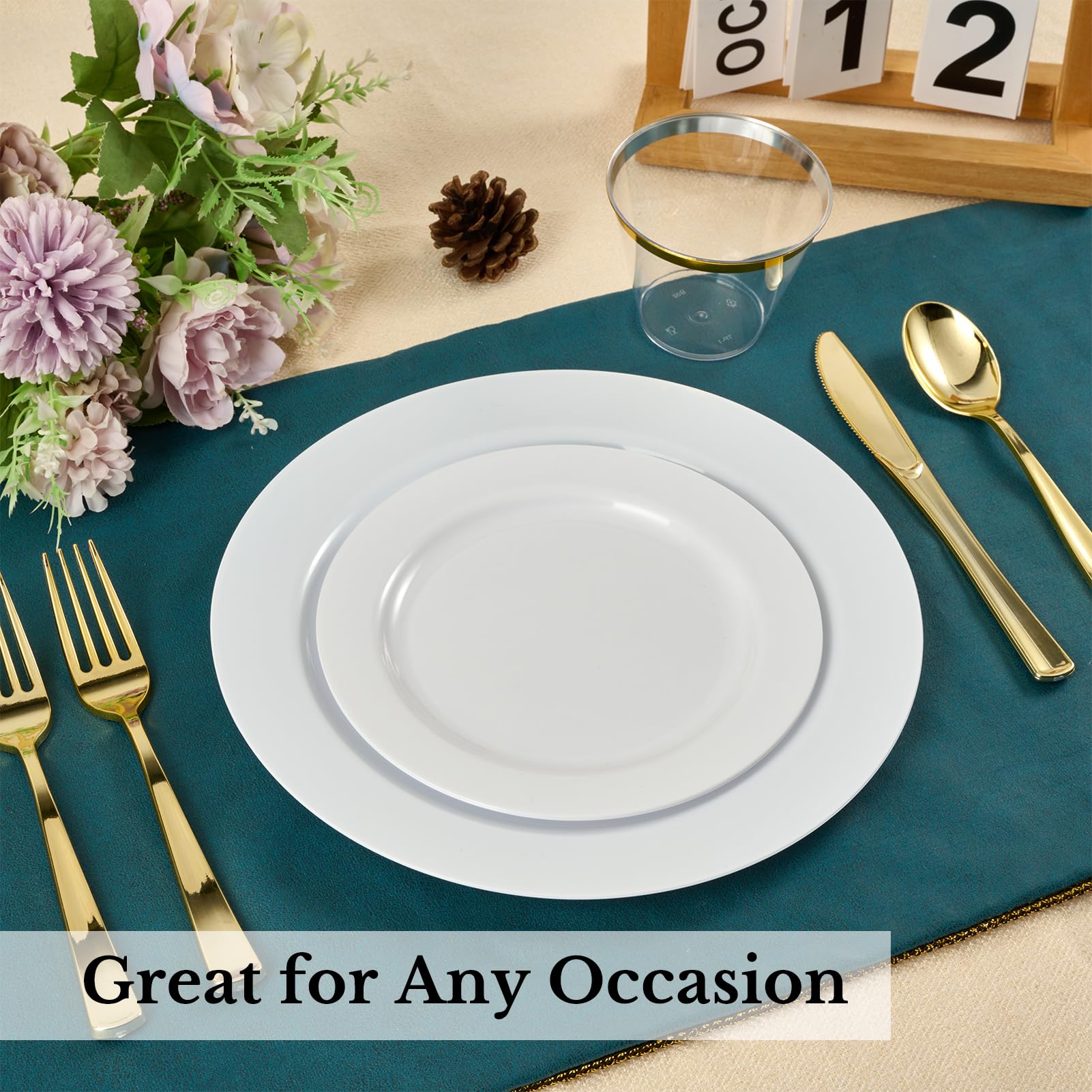 FOCUSLINE 100 Count White Plastic Plates 7 Inch, Disposable Heavy Duty Plastic Dessert Plates- Premium Hard Plastic Plates Fancy Disposable White Plates for Weddings, Parties and Events
