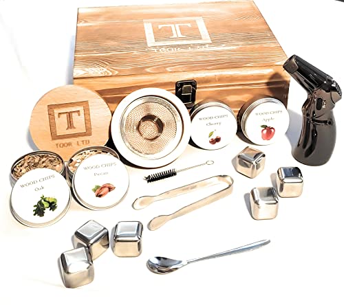 Cocktail Smoker Kit - Bourbon/Whiskey/Brandy Old Fashioned Smoker Kit with Torch, Four (4) Types of Natural Wood Chips, Stainless Ice Stones, and More - Gift for Men