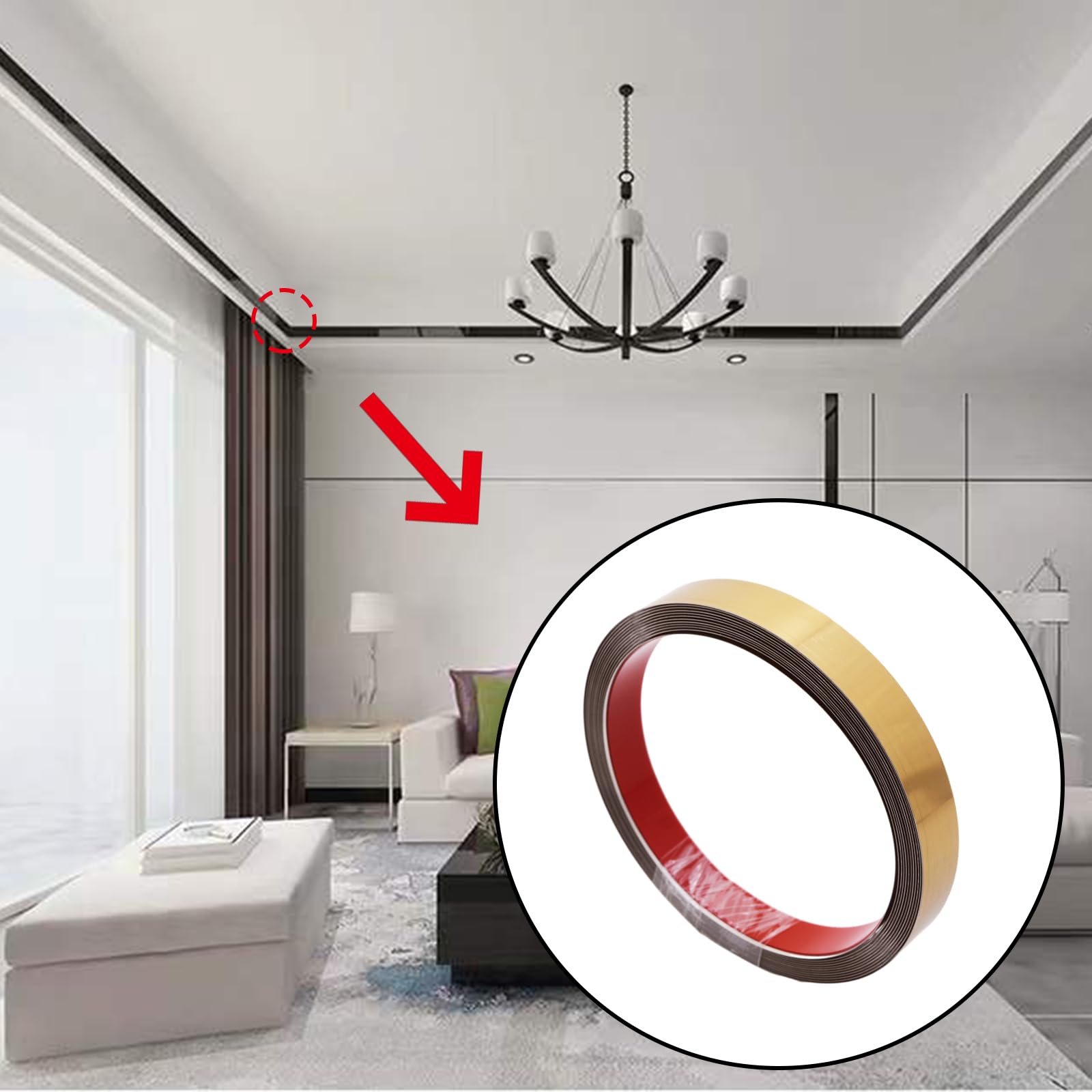 Qiveno Gold Molding Trim Peel and Stick(Mirror-Like Finish), 201 Stainless Steel Self Adhesive Wall Trim Molding, Wall Ceiling Floor Cabinet Tile Edge Moulding, 16.4 ft x 0.8 in