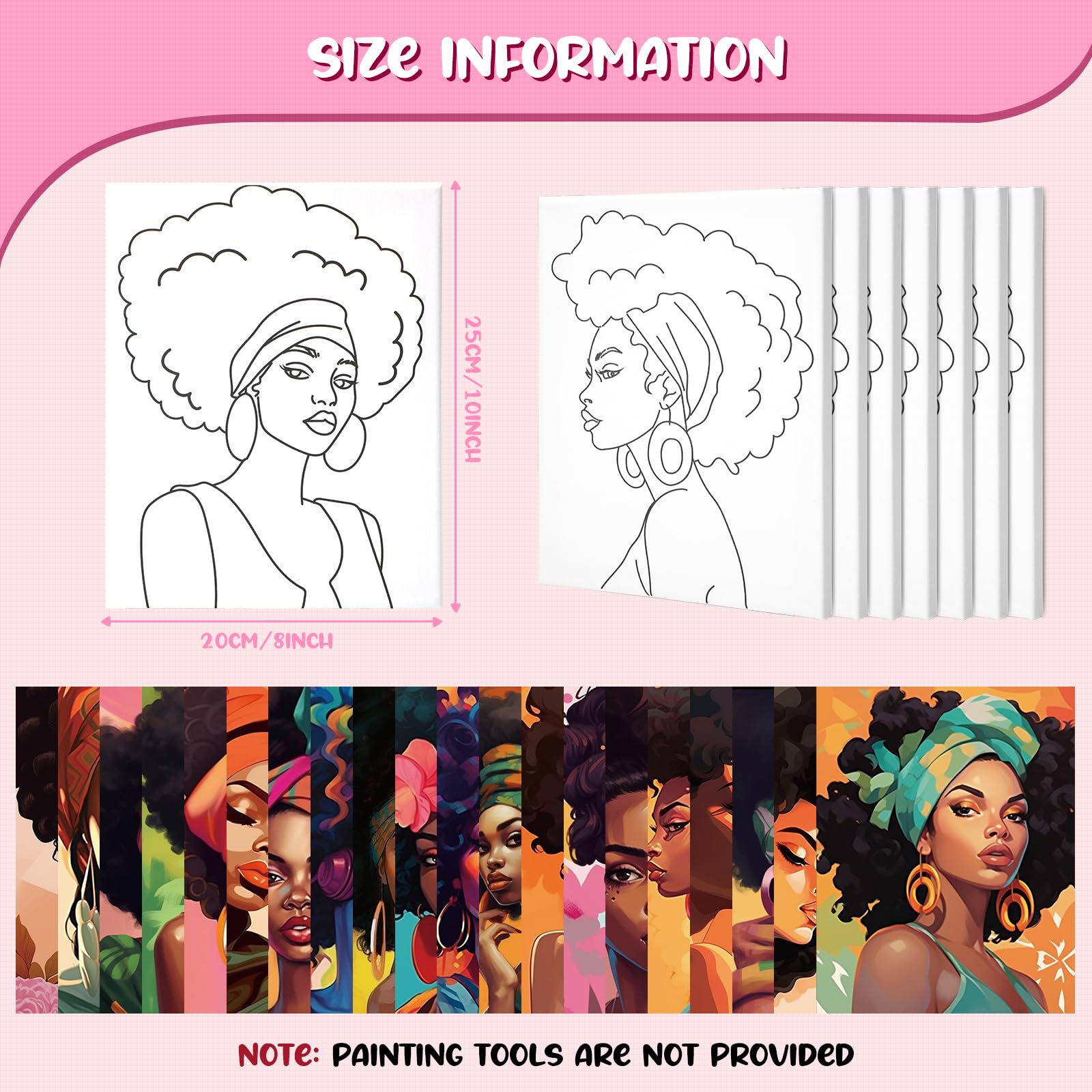 Sherr 20 Pcs Stretched Pre Drawn Canvas Afro Queen Black Art for Painting for Adults Outline Pre Drawn Stretched Cotton Canvas to Paint Party Set, 8 x 10''(Vivid)