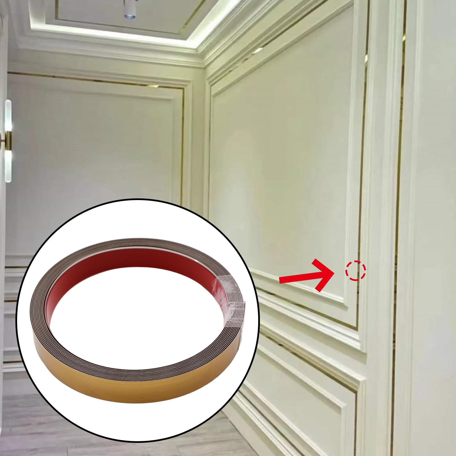 Qiveno Gold Molding Trim Peel and Stick(Mirror-Like Finish), 201 Stainless Steel Self Adhesive Wall Trim Molding, Wall Ceiling Floor Cabinet Tile Edge Moulding, 16.4 ft x 0.8 in