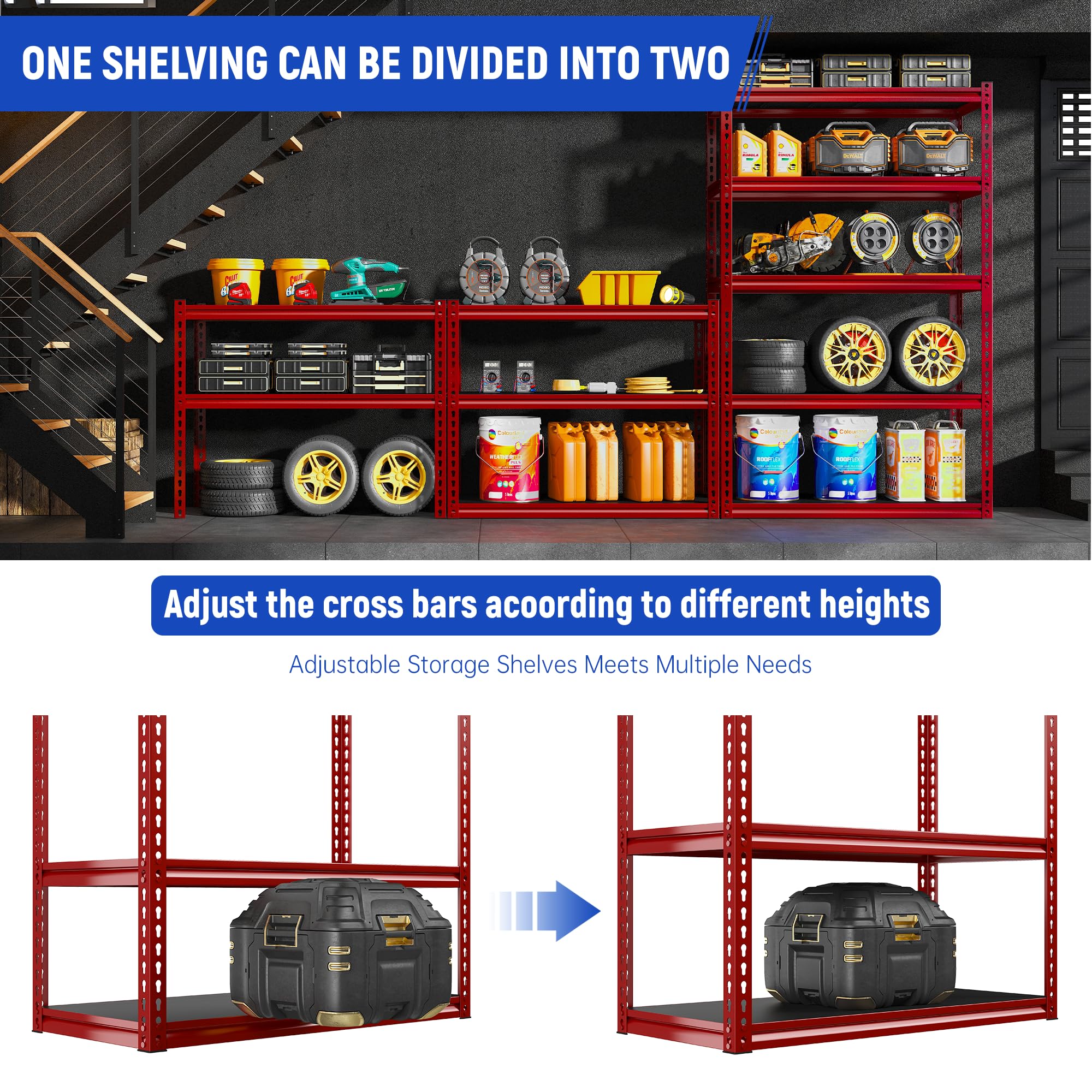 REIBII 72" Garage Shelving 2000 LBS Storage Shelves Heavy Duty Metal Shelving Units Rack Shelf for Garage Pantry,Kitchen, Basement,Red & Black