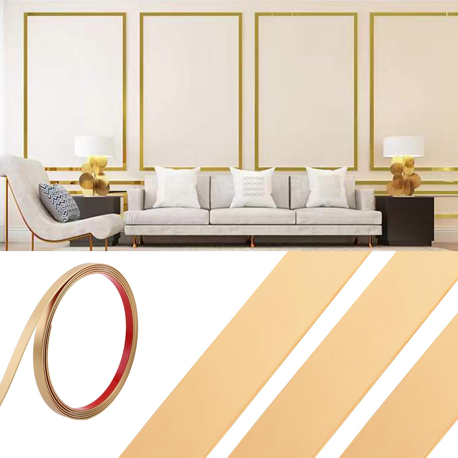 Qiveno Gold Molding Trim Peel and Stick(Mirror-Like Finish), 201 Stainless Steel Self Adhesive Wall Trim Molding, Wall Ceiling Floor Cabinet Tile Edge Moulding, 16.4 ft x 0.8 in