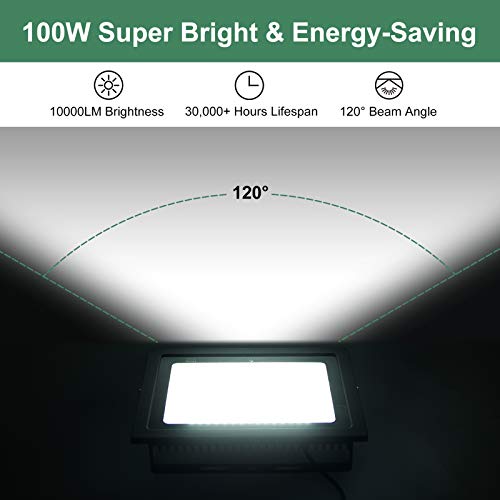 GLORIOUS-LITE 2 Pack 100W LED Flood Light Outdoor, 10000LM LED Work Light with Plug, 6000K Daylight White, IP66 Waterproof Outdoor Floodlights for Yard, Garden, Playground