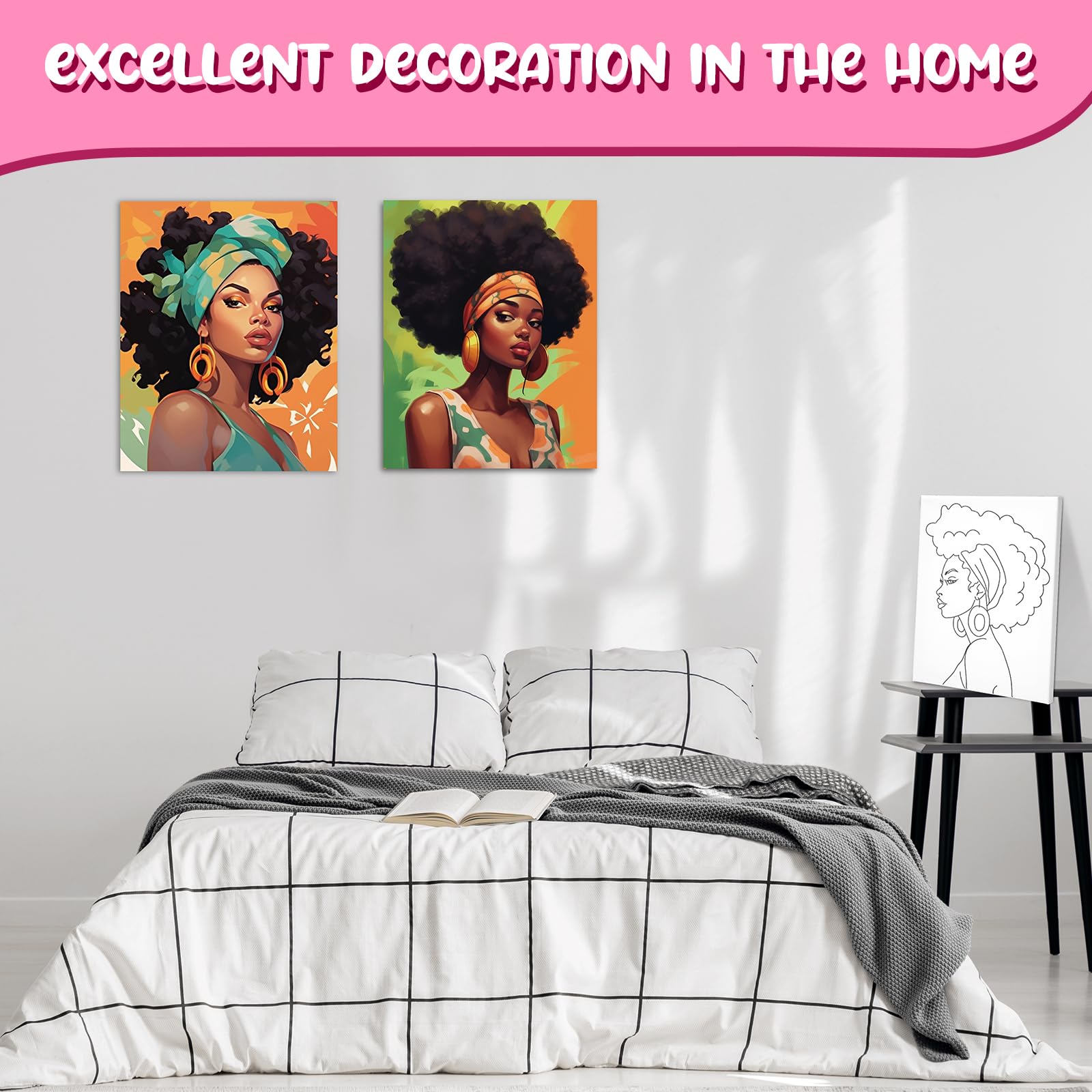 Sherr 20 Pcs Stretched Pre Drawn Canvas Afro Queen Black Art for Painting for Adults Outline Pre Drawn Stretched Cotton Canvas to Paint Party Set, 8 x 10''(Vivid)