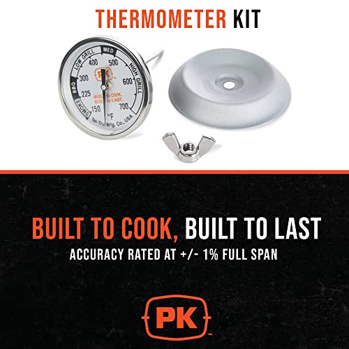 PK Grills Tel-Tru BBQ Grill Thermometer Outdoor Grilling Temperature Gauge Kit, Includes Charcoal/Smoker Thermometer Probe, Wing Nut, and Silver Flashing, PK99085