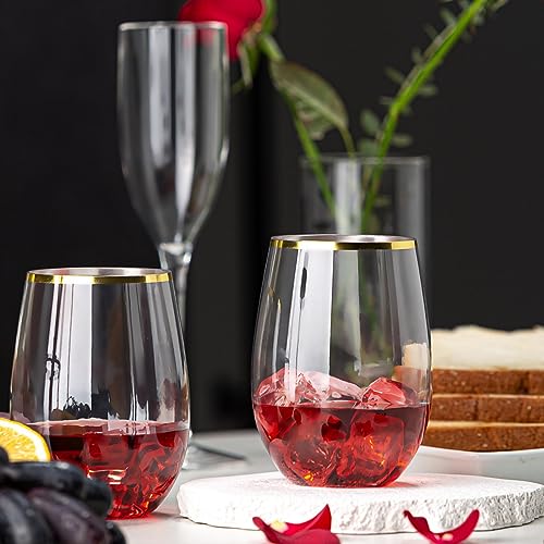 ROIMEE VONT 20 Pack 16oz Plastic Stemless Wine Glasses Disposable Heavy Duty Unbreakable Clear Plastic Wine Glasses Recyclable Shatterproof Reusable Plastic Red/White Wine Cups for Parties Weddings