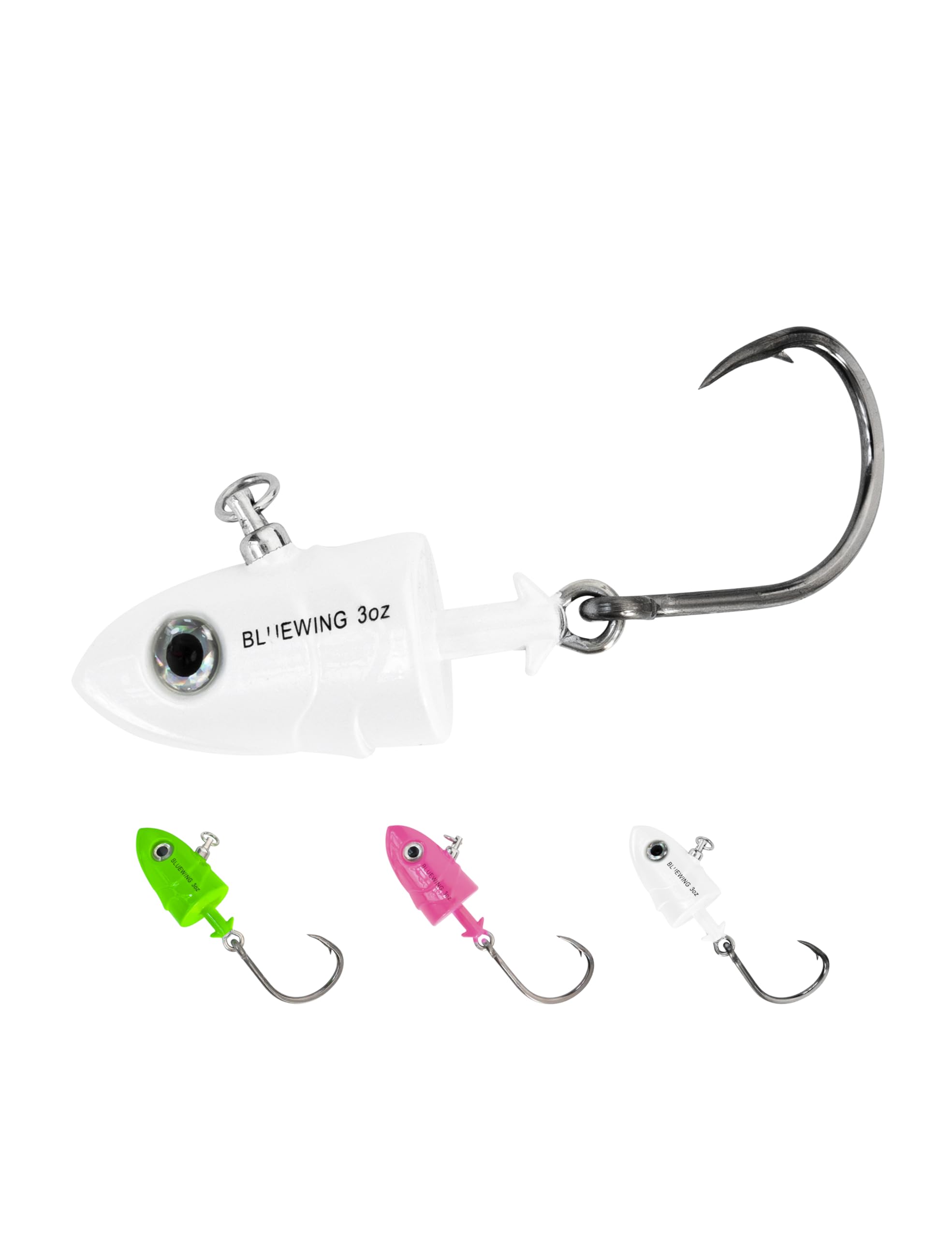 BLUEWING Big Game Swing Hook Jig Head with High Strength Stainless Steel Ball Bearing Swivel and High Carbon Steel Hook 1pc Saltwater Fishing Lures Lead Jighead, White 3oz