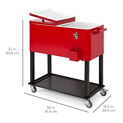 Best Choice Products 80qt Outdoor Steel Rolling Cooler Cart for Cookouts, Tailgating, BBQ w/Bottle Opener, Catch Tray, Drain Plug, and Locking Wheels - Red