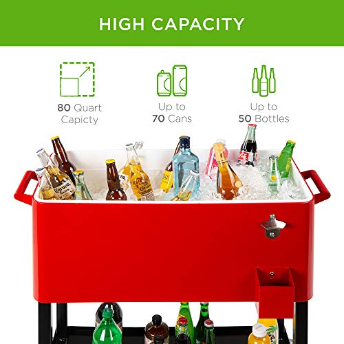 Best Choice Products 80qt Outdoor Steel Rolling Cooler Cart for Cookouts, Tailgating, BBQ w/Bottle Opener, Catch Tray, Drain Plug, and Locking Wheels - Red