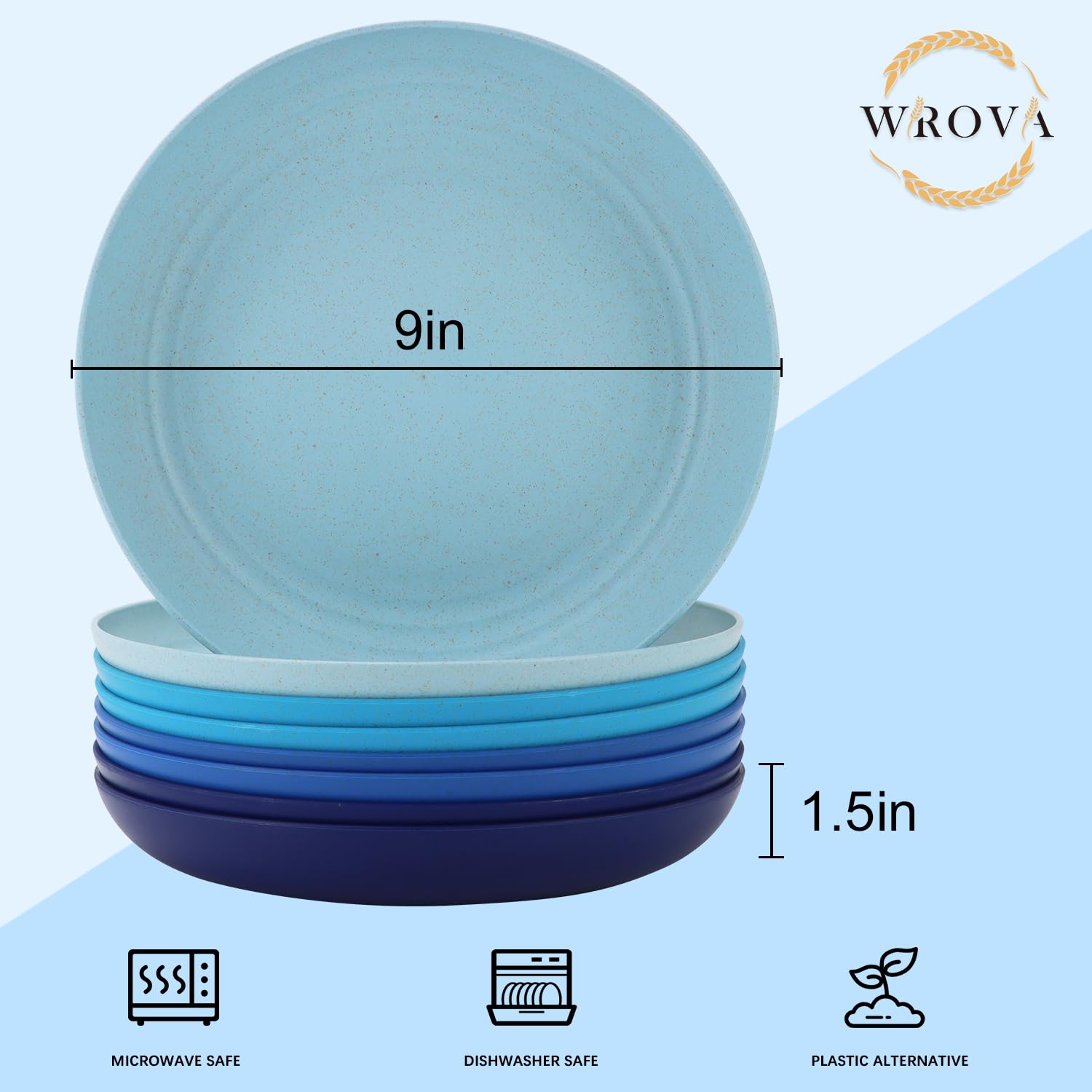 Wheat Straw Salad Plates - 9 Inch Unbreakable Dinner Plates Set of 8 - Dishwasher & Microwave Safe Plastic Plates Reusable - Lightweight Plates for kitchen,camping (Ocean)