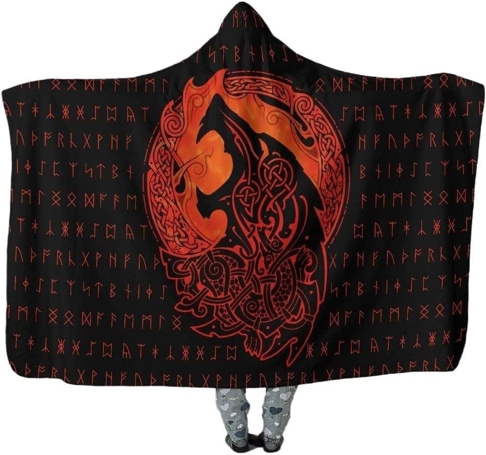 Viking 3D Printed Hooded Blanket Warm Soft Compass Fenrir Wolf Rune Celtic Knot Unisex Winter Wearable Hooded Blanket Double Thick Plush Fleece Blanket ( Color : Blanket , Size : 50x60in/130x150cm )