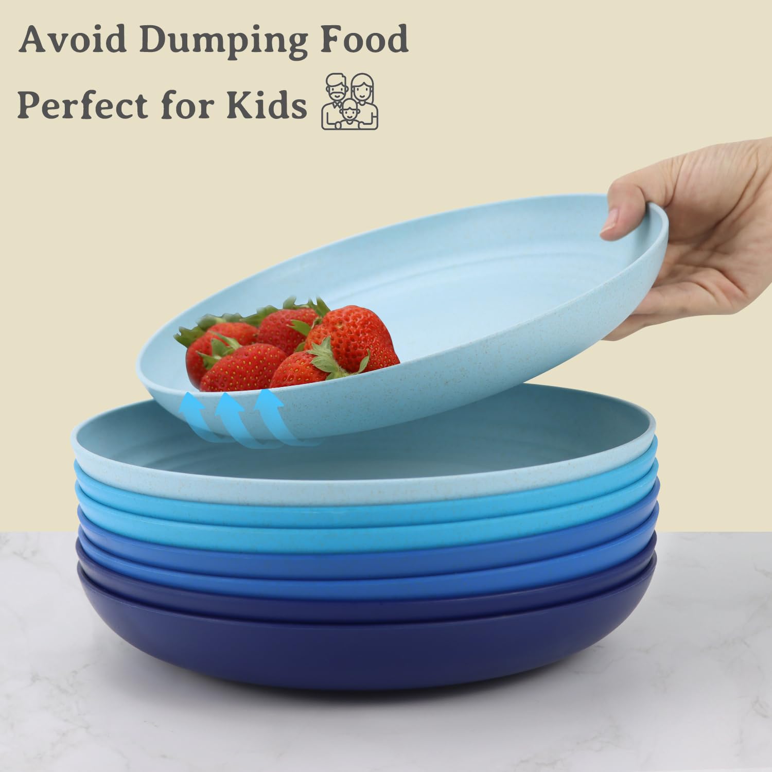 Wheat Straw Salad Plates - 9 Inch Unbreakable Dinner Plates Set of 8 - Dishwasher & Microwave Safe Plastic Plates Reusable - Lightweight Plates for kitchen,camping (Ocean)