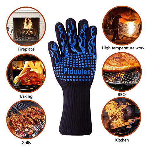 Piduules BBQ Grill Gloves, 1472°F Heat Resistant Non-Slip Grill Mitt with Elastic Cuff for Frying, Barbeque, Cooking, Baking, Oven, Cutting,14 Inch (Blue)