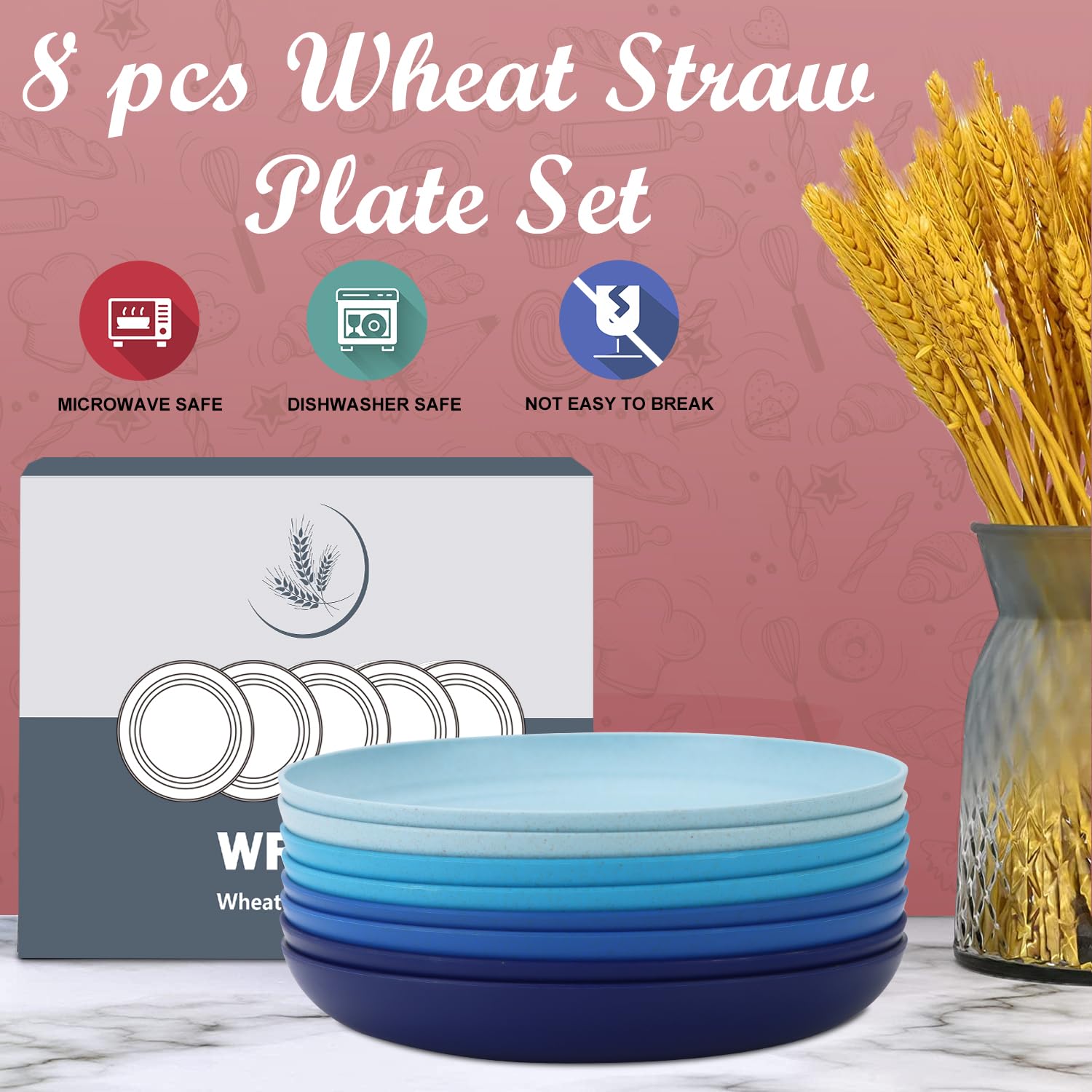 Wheat Straw Salad Plates - 9 Inch Unbreakable Dinner Plates Set of 8 - Dishwasher & Microwave Safe Plastic Plates Reusable - Lightweight Plates for kitchen,camping (Ocean)