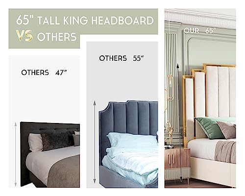 HOWE King Size Bed Frame and 65" Headboard, Upholstered Bed with Golden Plating Trim, Modern Platform Bed No Box Spring Needed, Cream