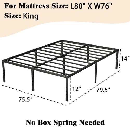 Jebosam King Size Bed Frame 14 inch Heavy Duty Steel Support 2500 lbs Bed Frame King No Box Spring Needed Easy to Assemble Non-Slip Noise Free Black Metal Bed Frame King Size