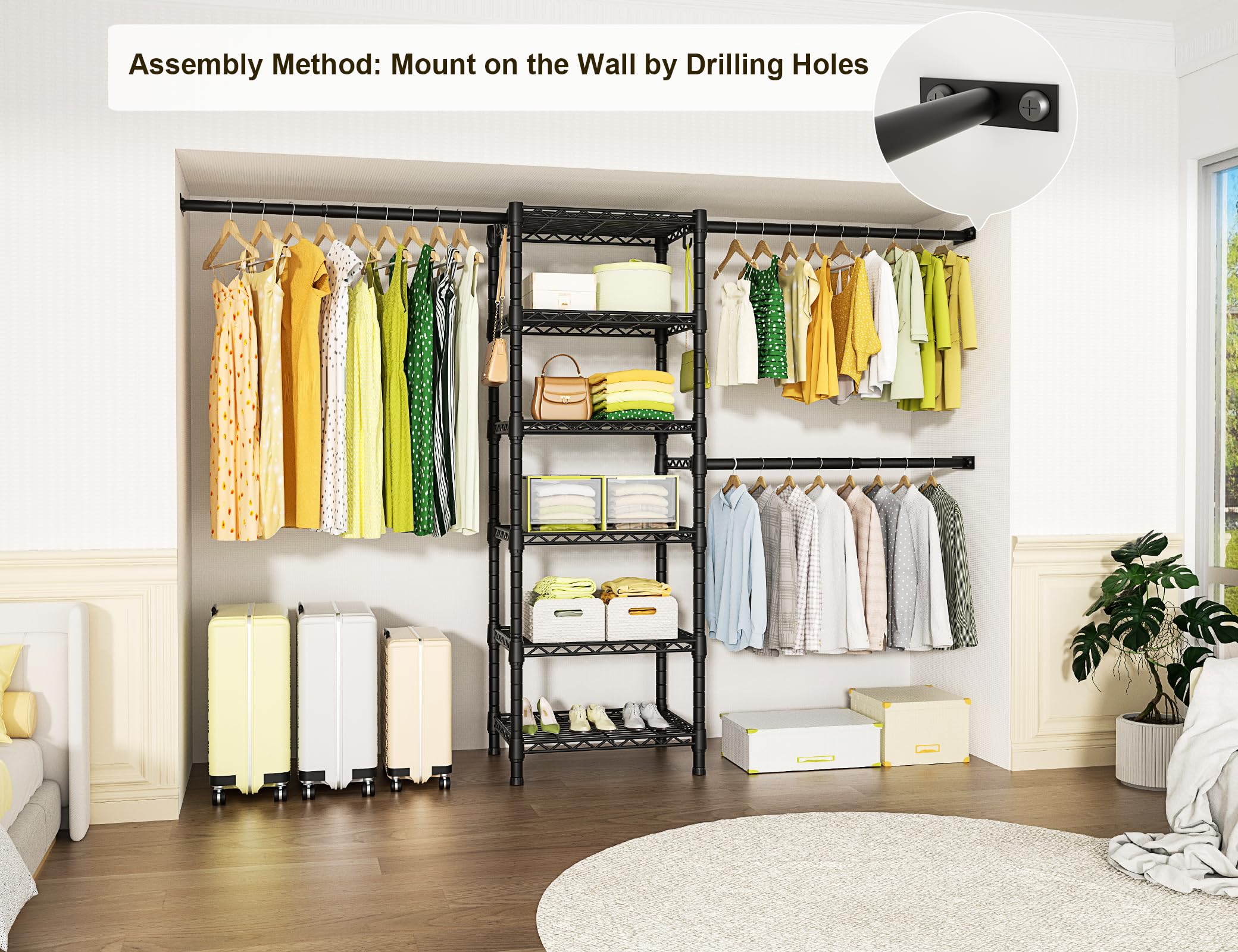 Ulif M5 Wall Mounted Clothes Garment Rack, Heavy Duty Closet Storage and Organizer System with 6 Shelves and 3 Expandable Hanger Rods, Space Saver Suit (46.2-102.4)"W x 14"D x 83.1"H, Black