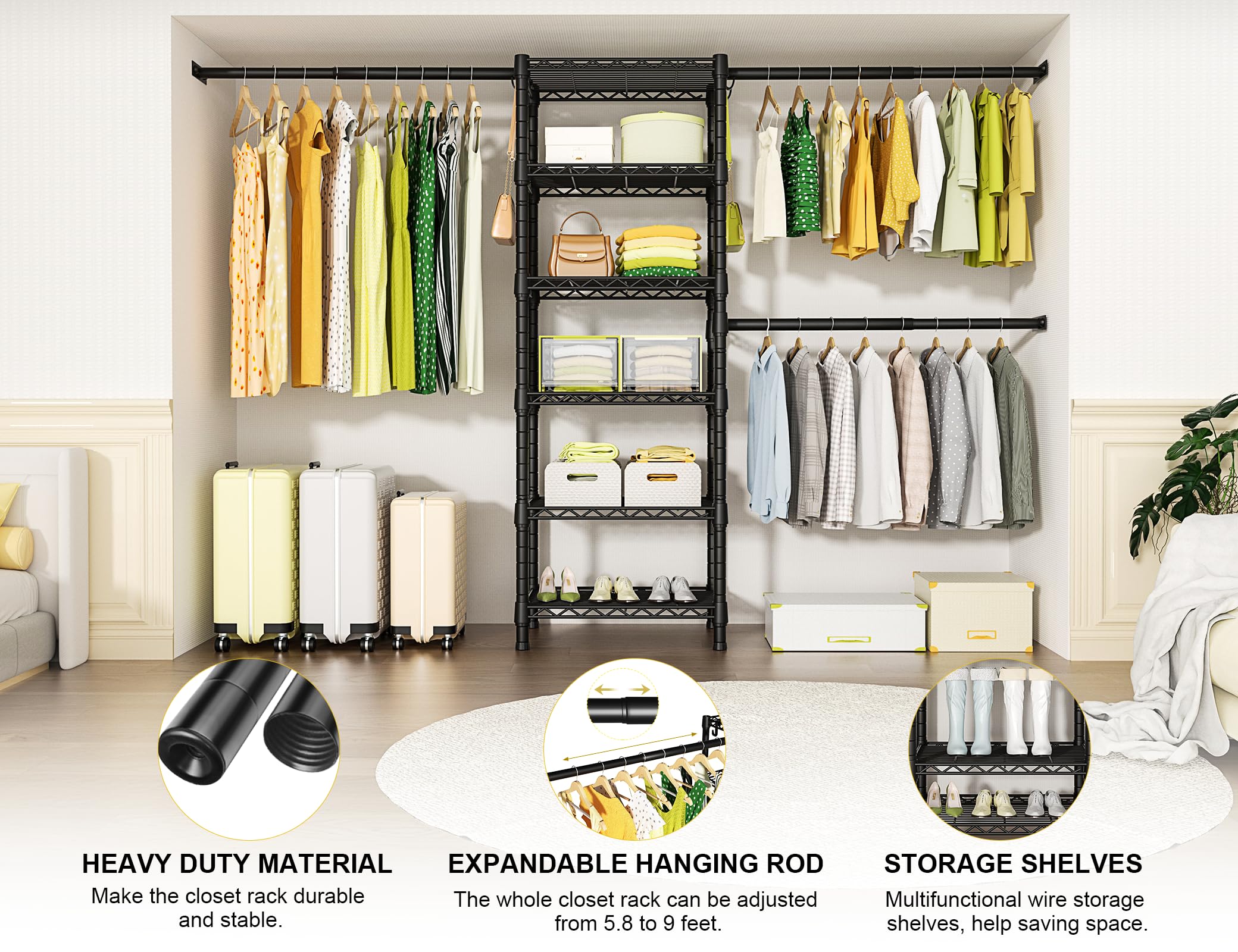 Ulif M5 Wall Mounted Clothes Garment Rack, Heavy Duty Closet Storage and Organizer System with 6 Shelves and 3 Expandable Hanger Rods, Space Saver Suit (46.2-102.4)"W x 14"D x 83.1"H, Black