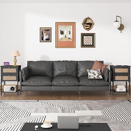 End Table with Charging Station, 2 Tier Rattan Decorated Nightstand with USB Ports and Outlets, Bedside Table with Drawer, Black Modern Sofa Side Table for Bedroom, Living Room, Office