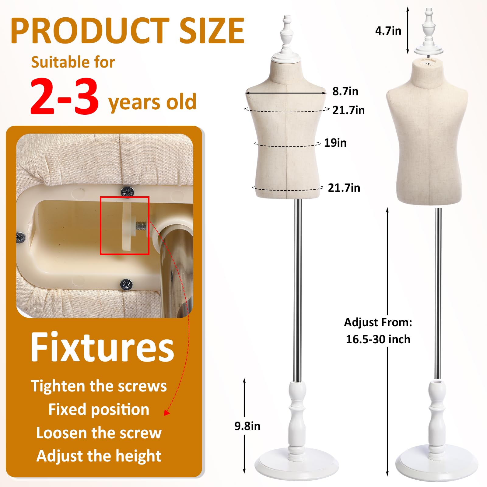 Geetery 2 Pcs Child Kids Dress Form Mannequin 2-3 Years Old Adjustable Toddler Clothes Mannequins Child Display Body Bust Forms with Wooden Base for Sewing Window Counter Display , White