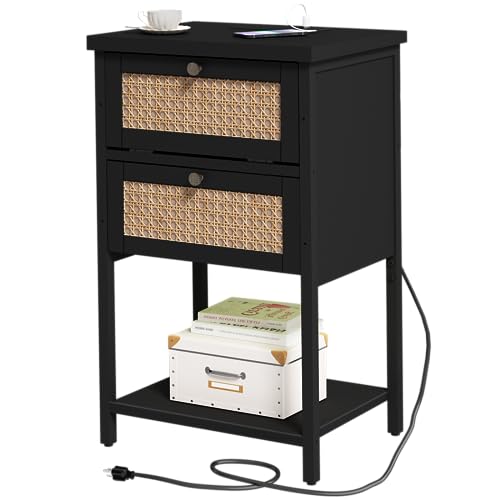 End Table with Charging Station, 2 Tier Rattan Decorated Nightstand with USB Ports and Outlets, Bedside Table with Drawer, Black Modern Sofa Side Table for Bedroom, Living Room, Office
