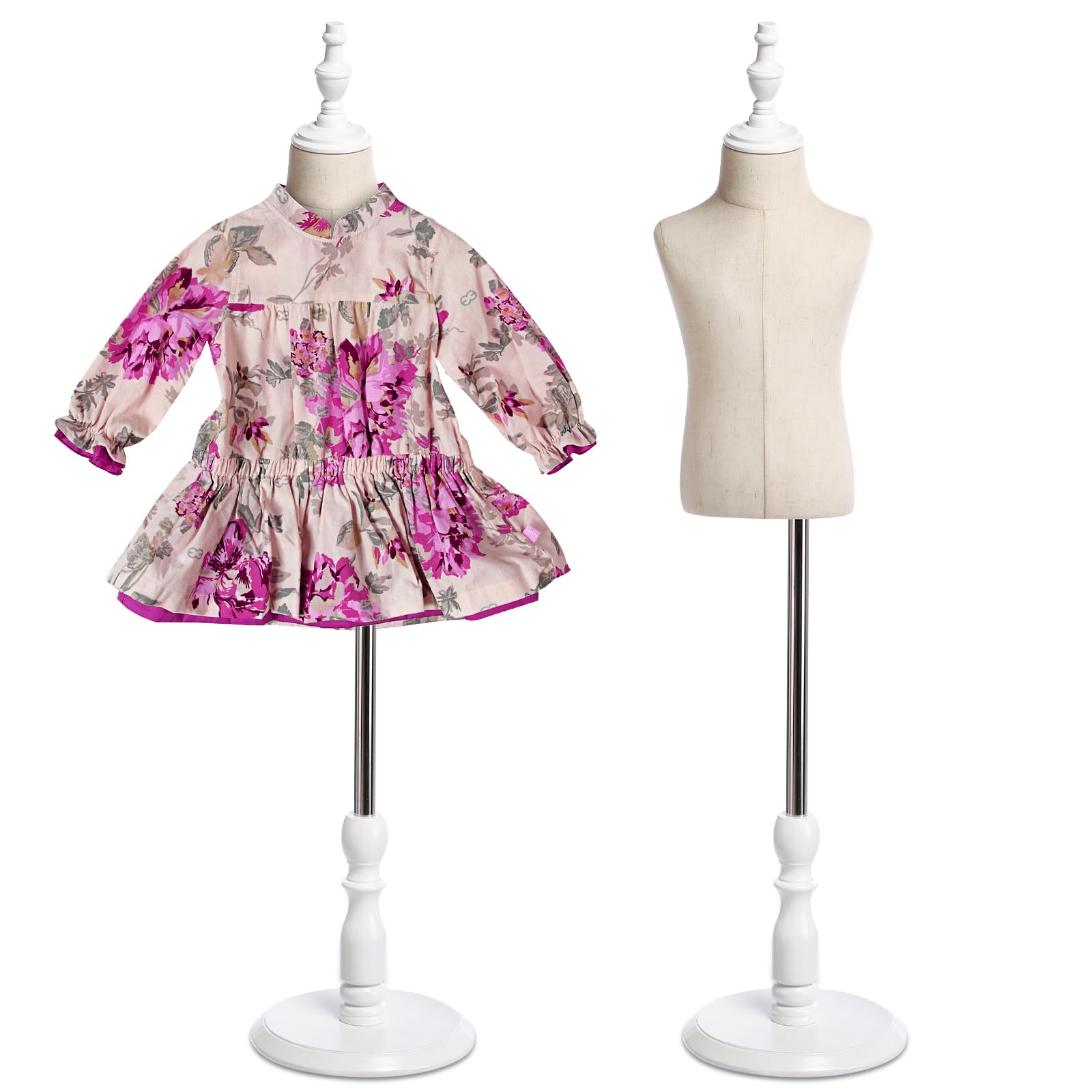 Geetery 2 Pcs Child Kids Dress Form Mannequin 2-3 Years Old Adjustable Toddler Clothes Mannequins Child Display Body Bust Forms with Wooden Base for Sewing Window Counter Display , White